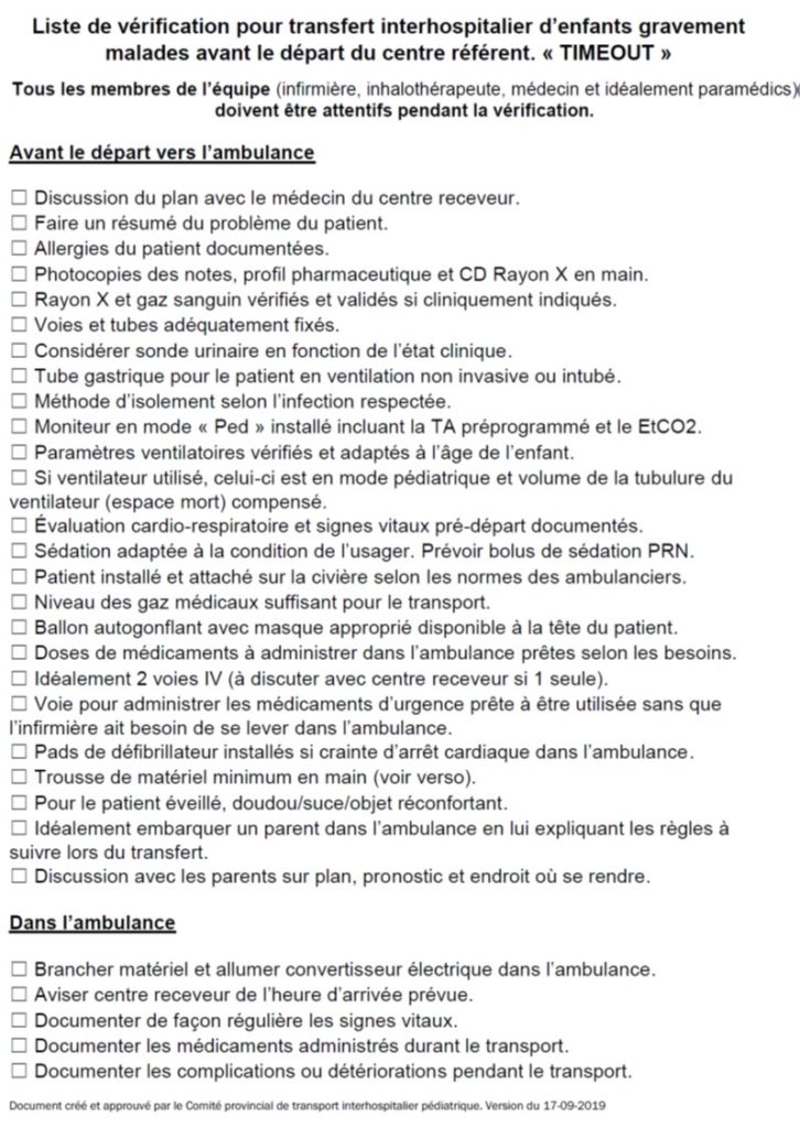 Liste de vérification transfert 2019 p1 - Urgence CHU Sainte-Justine